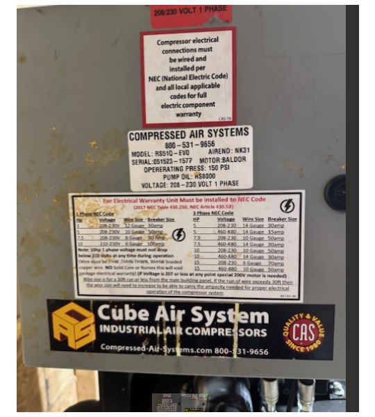 Used CAS Air Compressor, 230 Volt, 5hp | Profoam