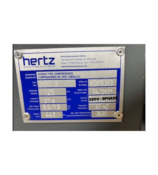 Used Hertz Air Compressor HBD 5 | 7.5HP 230V | SN VD015363 | Profoam